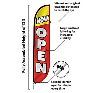 LookOurWay Feather Flag Set - 12 Feet Tall Advertising Flag Banner with Fiberglass Pole Kit and Rotating Ground Spike for Business Promotion - Grand Opening Theme - Now Open Red and Yellow