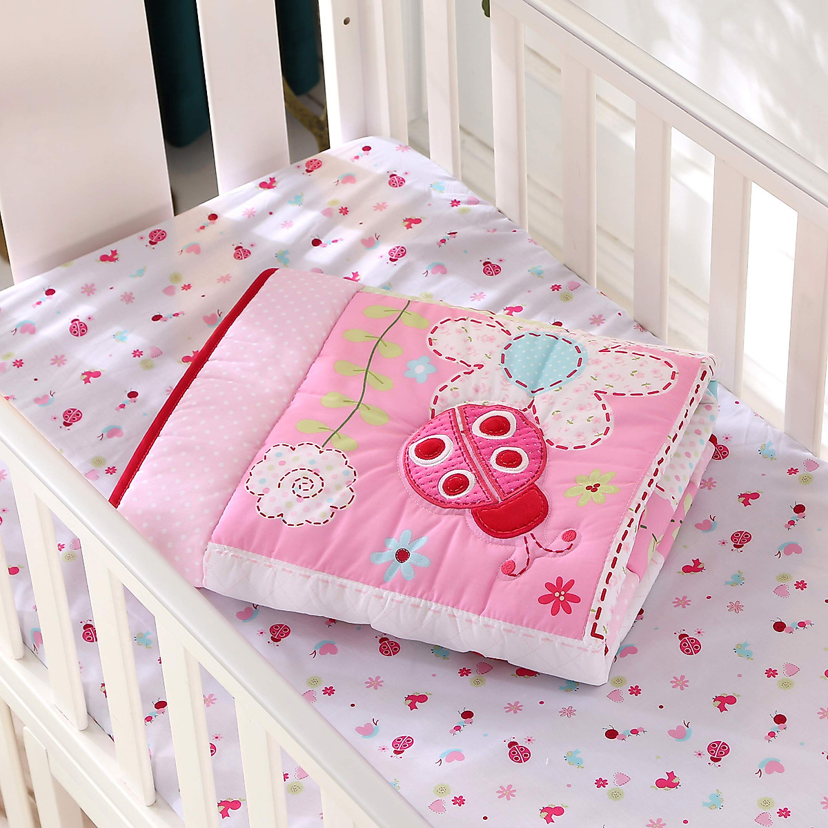 VIVILINEN Pink Ladybird Baby Crib Bedding Set for Girls 3 Pieces Bird Flowers Infant Toddler Nursery Comforter Sets with Crib Quilt Baby Blanket Fitted Sheet Crib Skirt for Standard Size Crib
