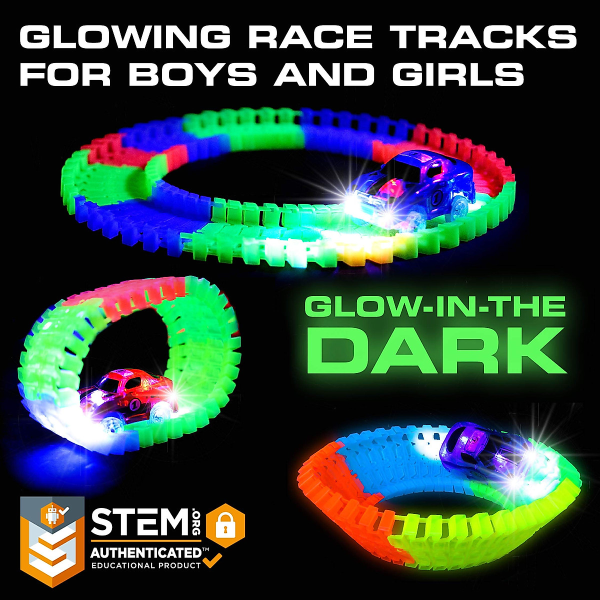 USA Toyz Large Glow Trax Race Tracks for Kids- 380pc Glow in The Dark Race Car Track Set with 360pk Rainbow Flexible Tracks, Roundabout Ramp, Bridges, Ramps, 2 Toy Cars, STEM Toys for Boys and Girls