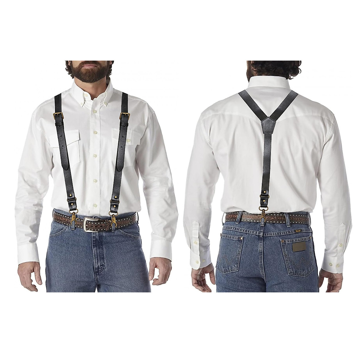 MUNION Leather Mens Suspenders Heavy Duty Y Design Adjustable with 4 Metal Snap Hooks Vintage Mens Suspenders Braces Big and Tall Groomsmen Gift for Wedding, Black