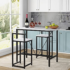 LITTLE TREE 3-Piece Bar Table and Chairs Set, Wood Metal Pub Bar Dining Table and 2 Bar Stools for Small Spaces, Kitchen, Apartment, Two Person Dining Room, White