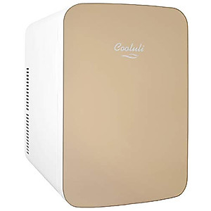 Cooluli 15L Mini Fridge for Bedroom - Car, Office Desk & College Dorm Room - 12v Portable Cooler & Warmer for Food, Drinks, Skincare, Beauty & Makeup - AC/DC Small Refrigerator with Glass Front, Gold