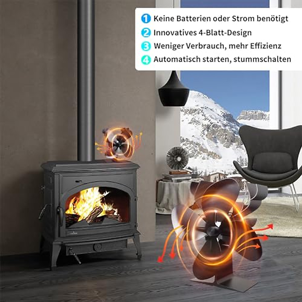 Surakey Wood Stove Fan for Heater, Heat Powered 4 Blade Non Electric Fireplace Fan with Bracket Reindeer Shape Heater, for Wood Log Burner Stove/Fireplace Camping Outdoor/Indoor Use (Green)
