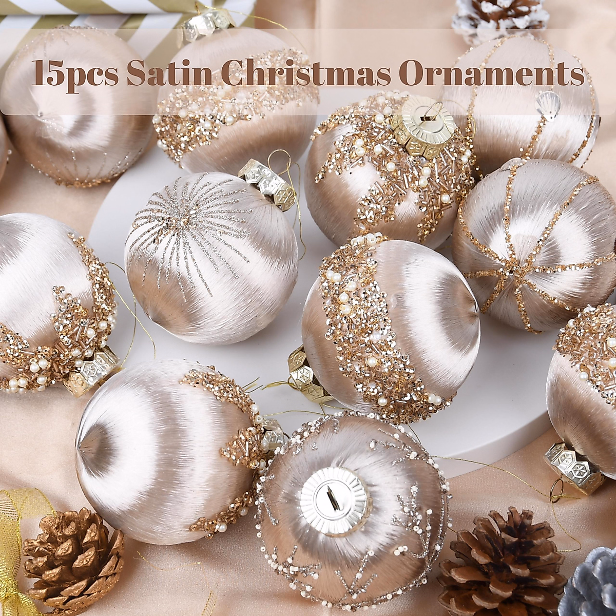 Christmas Ornaments Champagne Xmas Balls - Pack of 15 Luxury Christmas Tree Decorations Shatterproof - Satin Glitter Xmas Bulbs Set, 3.15 inch 80mm