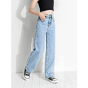 Romwe Girl's Vintage High Waisted Straight Leg Jeans Regular Fit Denim Pants Light Blue Light Wash 160
