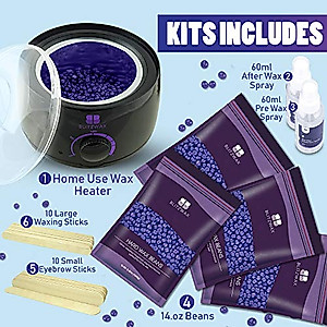 BLITZWAX Waxing Kit Hair Removal Wax Warmer Kit with Sensitive Skin Formula 14oz Lavender Hard Wax Beans for Facial Eyebrow Armpit Bikini Brazilian, Removes All Hair Types