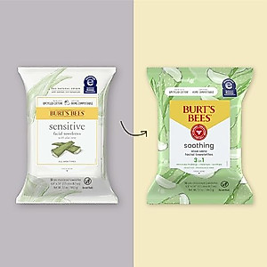 Burt's Bees Aloe Vera Face Wipes, for Sensitive Skin, Soothing Makeup Remover & Facial Cleansing Towelettes, 30 Ct. (3-Pack)
