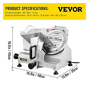 VEVOR Commercial Meat Slicer, 200W Electric Deli Food Slicer, 1200RPM Meat Slicer with 8“ Chromium-plated Steel Blade, 0-12mm Adjustable Thickness for Home & Commercial Use (8IN-200W)