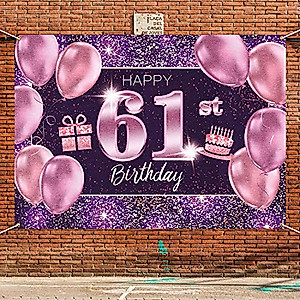 PAKBOOM Happy 61st Birthday Banner Backdrop - 61 Birthday Party Decorations Supplies for Women - Pink Purple Gold 4 x 6ft