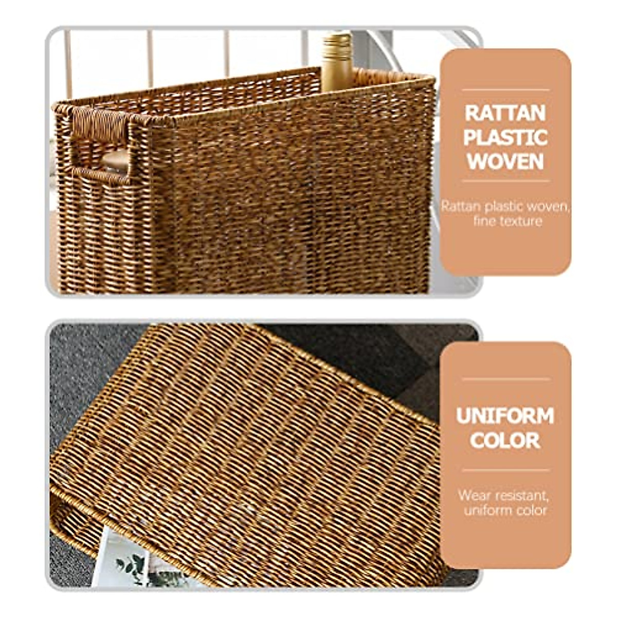 Zerodeko Imitation Rattan Hand Woven Magazine Basket, with Handles, Plastic Storage Basket Magazine Wicker Basket Hollow Handle Basket Desktop Magazine Holder