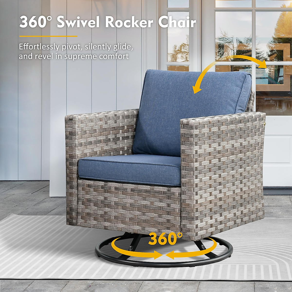 XIZZI Patio Furniture Sets Outdoor Sectional Sofa with Swivel Rocking Chairs,9 PCS All Weather PE Wicker Outside Conversation Couch with Coffee and Side Table for Backyard Deck Garden,Denim Blue