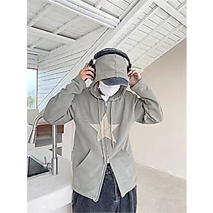 XSHYE Women Grunge Zip Up Hoodies Gothic Punk Long Sleeve Printed Hooded Jackets Y2k 90s Streetwear Oversized Sweatshirts(Star Gray,X-Large)