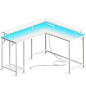 SUPERJARE L Shaped Computer Desk with Power Outlets & LED Lights and Nightstands Set of 2 with Charging Station & LED Light Strips, White