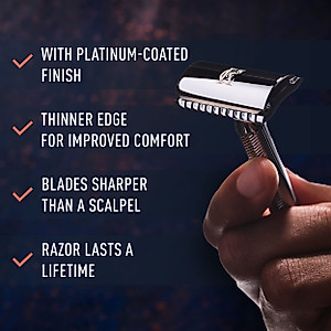 King C. Gillette Safety Razor with Chrome Plated Handle and 5 Platinum Coated Double Edge Safety Razor Blade Refills with Double Edge Safety Razor Blade Refills, 10ct