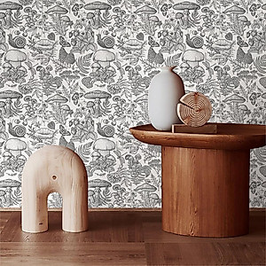 BEETAL Black and White Boho Mushroom Snail Peel and Stick Wallpaper Modern Esay Peel Off Contact Paper Vintage Self Adhesive Removable Stick on Wall Paper for Kitchen Cabinet Furniture Renter Friendly