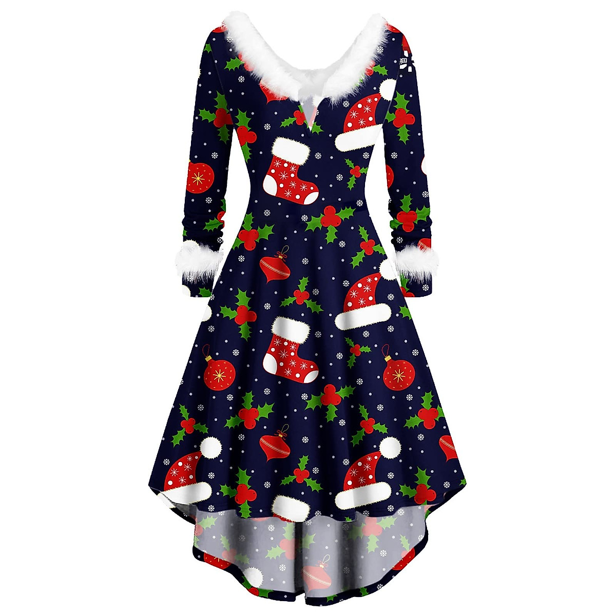 Red Dresses for Women Sexy Santa Christmas Printed Midi Dresses Furry V-Neck A-Line Swing Party Dress Cosplay Costume