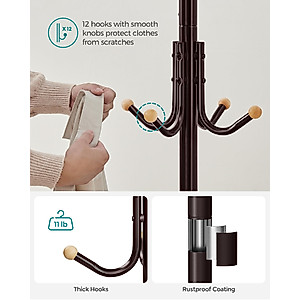 SONGMICS Coat Rack Freestanding, Metal Coat Rack Stand with 12 Hooks and 4 Legs, Coat Tree, Holds Clothes, Hats, and Bags, for Entryway, Living Room, Bedroom, Coffee Brown URCR031Z01