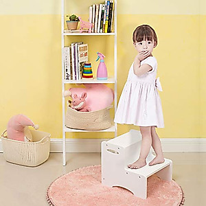 WOOD CITY Wooden Toddler Step Stool for Kids, White Two Step Children's Potty Stool with Handles, Bonus Non-Slip Pads for Safety, Bathroom & Kitchen, Dual Height