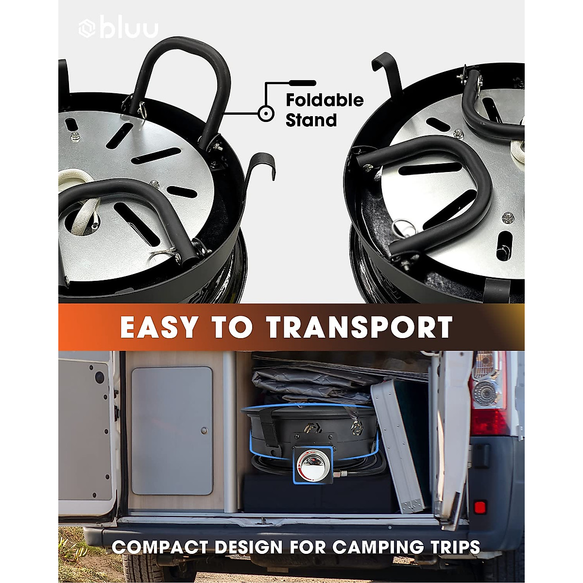 BLUU Deluxe Portable Propane Gas Fire Pit with Auto Ignition for Outdoor Camping- with Grill, Foldable Stand, Trachea Hook, Propane Tank Holder and Cover, 17-Inch Diameter 58,000 BTU, Matte Black