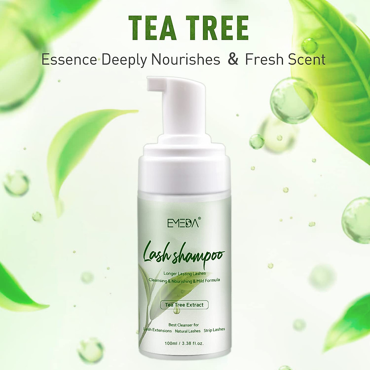 EMEDA Lash Shampoo for Lash Extensions 100ml Tea Tree Eyelash Extension Cleanser with Rinse Bottle Brush,Oil Free Lash Shampoo Kit (3.38 Fl.Oz.)