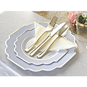 " OCCASIONS " 50 Plates Pack (25 Guests)-Heavyweight Wedding Party Disposable Plastic Plate Set -(25x10.5'' Dinner + 25x8'' Salad/dessert (Imperial in White/Blue & Gold)