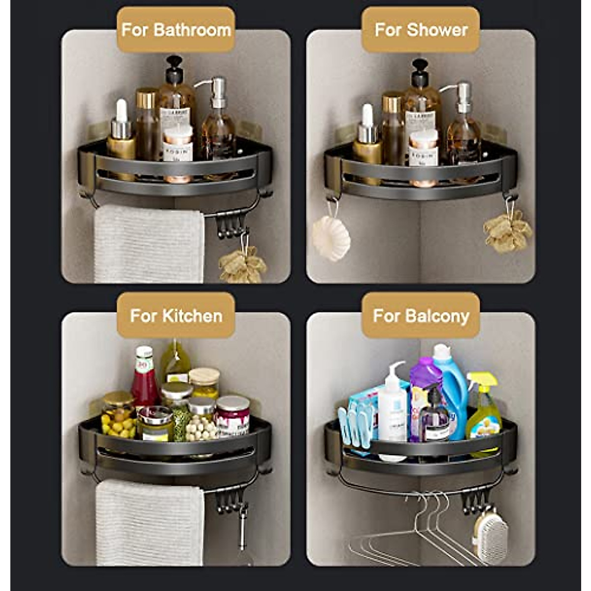 LamChyar Corner Shower Caddy, 3 Tiers Shower Organizer, Aluminium Shower Shelfs with 10 Removable Hooks and Towel Bar, No-Drilling Wall Adhesive Installation(Black)