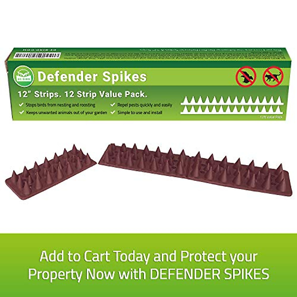 De-Bird: Defender Spikes, Cat and Bird Deterrent - Outdoor Pest Defender to Keep Off Pigeon, Squirrel, Woodpecker & More, Plastic Deterrent Anti Theft Climb Strips - 12pk [12 Foot]