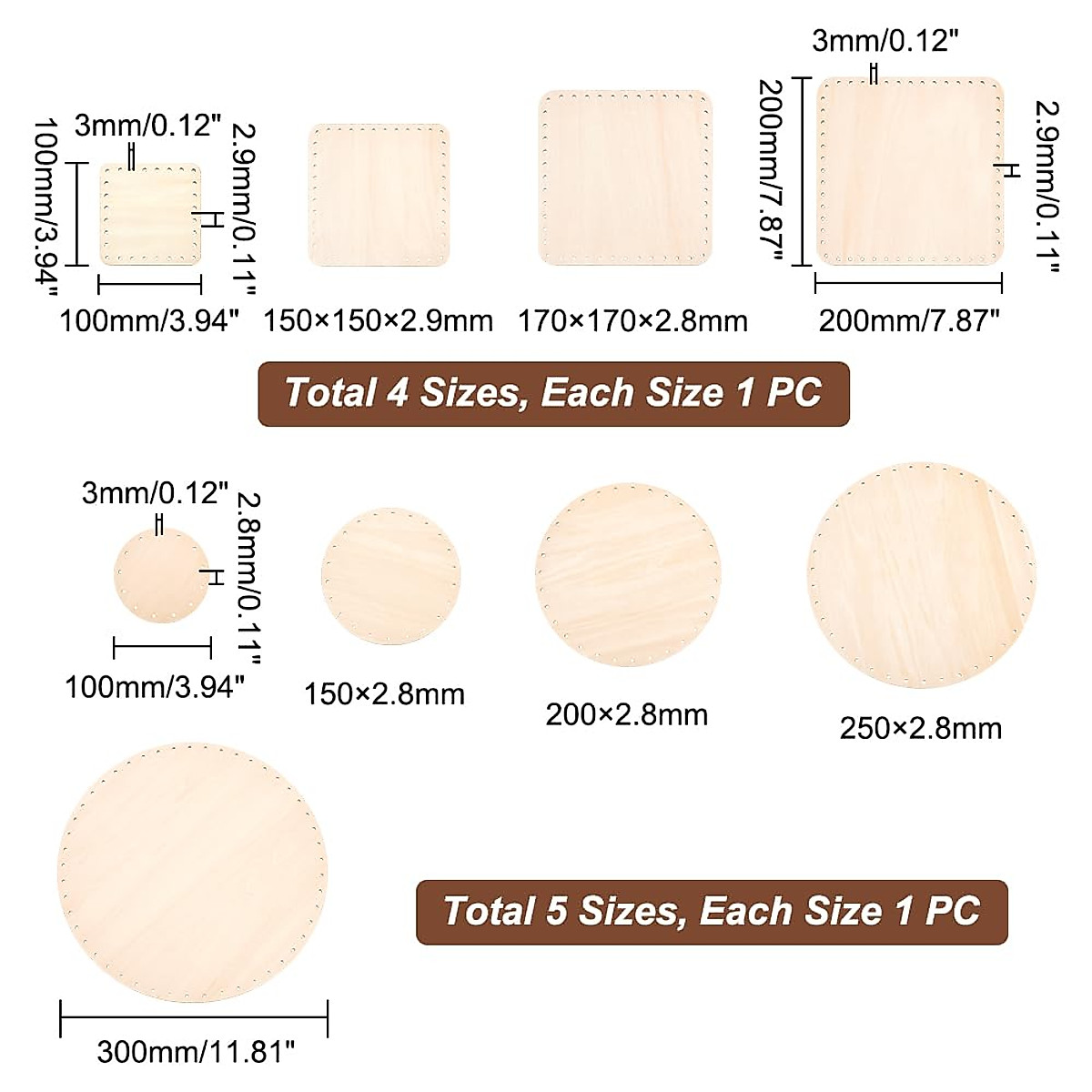 PH PandaHall 9pcs Wooden Basket Bottom, Natural Flat Round Square Blank Crochet Basket Undyed Wood Basket Weaving Base for DIY Knitting Crochet Bags Yarn Storage Bag Basket Supplies