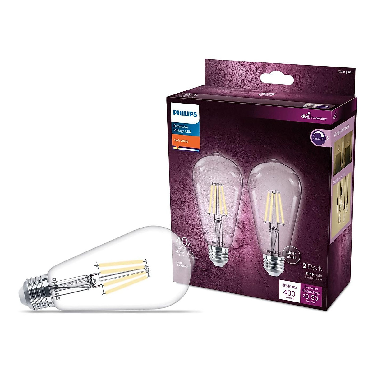 PHILIPS LED Vintage Flicker-Free Clear Straight ST19 Dimmable, Eyecomfort Technology, 400 Lumen, Soft White(2700K), 4.4W=40W, Title 20 Certified, E26 Base, 2-Pack, (564856)