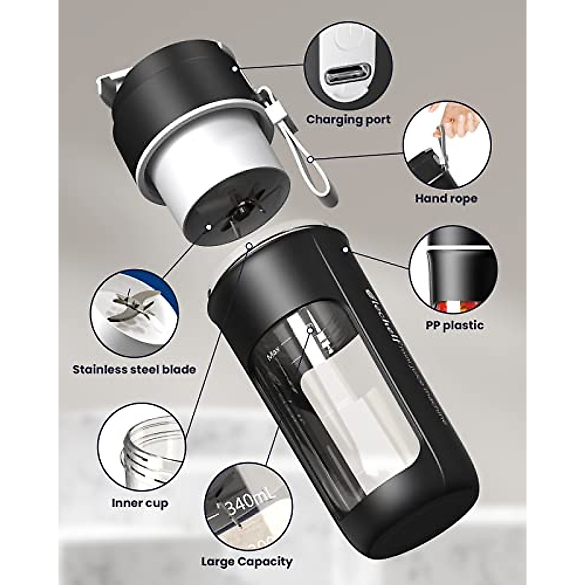 Elechelf Portable Blender for Shakes and Smoothies,Travel Blender USB Rechargeable,Cordless On the Go Blender,Personal Blender,Mini Blender,Small Blender ,Fast Fresh Juice Blender, Matte Black 12 oz 10 Blades