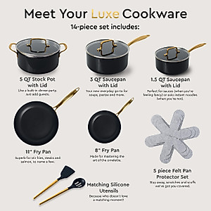 Black and Gold Pots and Pans Set Nonstick - 15PC Luxe Black Pots and Pans Set Non Toxic - Induction Compatible, PFOA Free Black and Gold Cookware Set & Gold Kitchen Utensils - Gold Kitchen Accessories