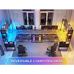 Itaar L Shaped Desk, 57.5 Inch Office Desk with Power Outlet and Keyboard Tray, Gaming Desk with Storage Shelves, Pegboard, and LED Lights for Home Office and Gaming, Gray