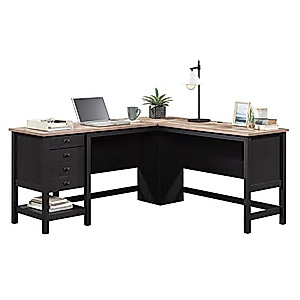 Sauder Cottage Road L-Shaped Desk with Drawers in Raven Oak, Raven Oak Finish