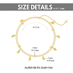 SISGEM 14K Real Gold Leaf Anklets for Women, Real Gold Beads Station Anklet Bracelet Tassel Double Foot Link Beach Anklets Anniversary Birthday Jewelry Gifts for Wife Mom 8''+2'' (Double Chains)