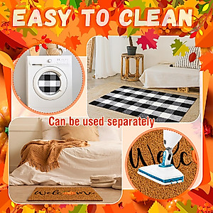 Moucuny 2 Pcs Fall Coir Welcome Doormat Fall Rug Outdoor Mat Layered Buffalo Plaid Mat Halloween Mats Pumpkin Maple Mat for Autumn Thanksgiving Fall Front Porch Outdoor Entryway(Plain Style)
