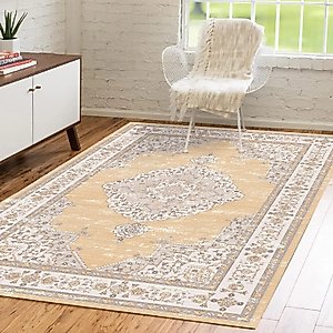 IKALIFE Ultra-Thin Washable Vintage Area Rug 5'x 7' for Living Room, Low-Pile Area Rugs Non-Shed Non Slip, Unique Chenille Printed Home Decor, Perfect for Bedroom Dining Room Kitchen, Yellow