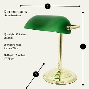 LIGHTACCENTS Bankers Lamp Desk Lamp with Green Glass Shade Bankers Lamp Green - Green Desk Lamp -Bankers Desk Lamp Traditional Desk Light with Classic Green Glass Shade and Polished Brass Finish