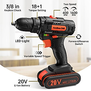 Cordless Drill 20V, Drill Set with 42pcs Accessories and Battery 2.0Ah, Electric Drill 25+1 Torque Setting, 2 Speed, 3/8" Keyless Chuck, LED Light, Electric Power Drill for Home DIY and Garden Repair