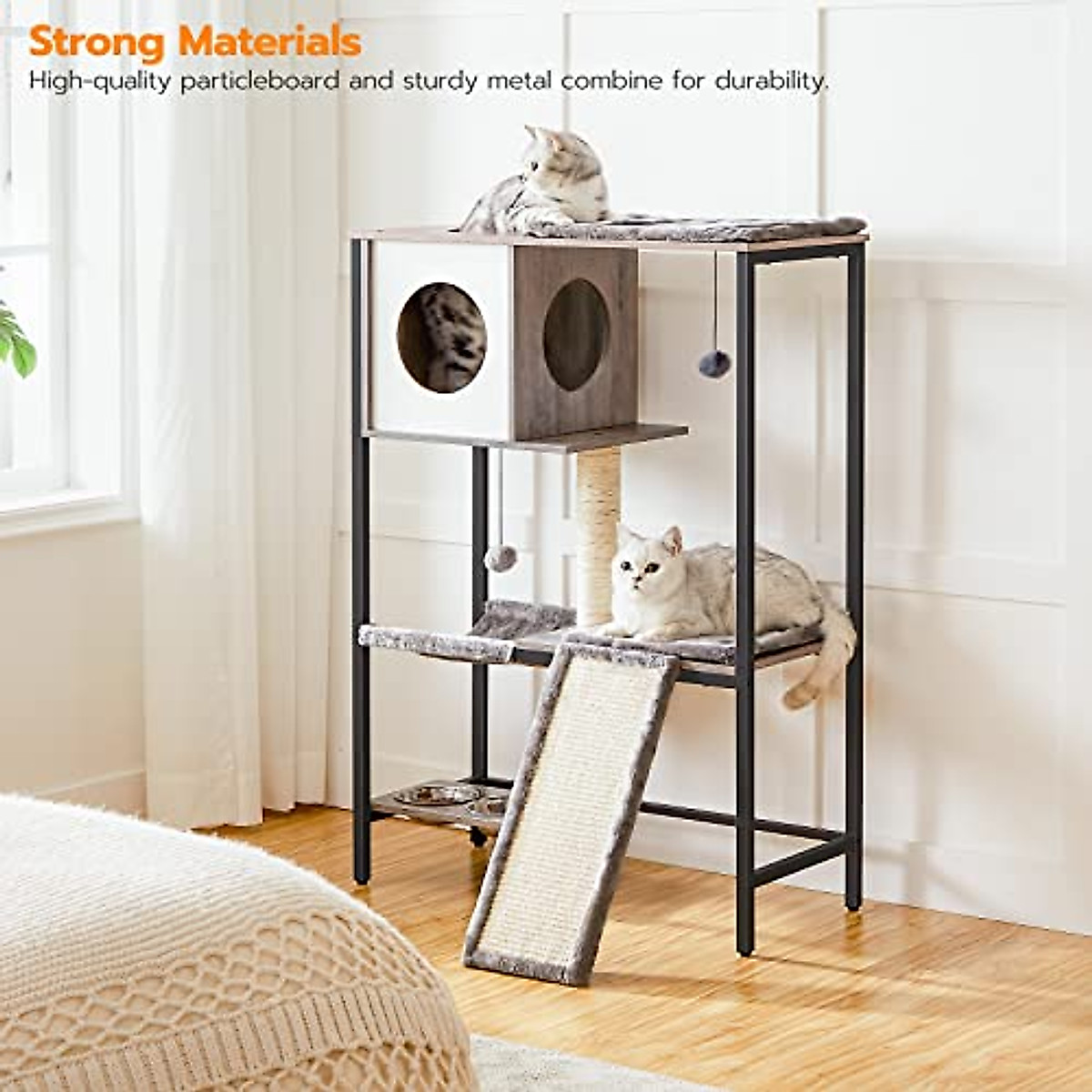 HOOBRO Wooden Cat Tree, Versatile Cat Tower with Scratching Post, Cat Hammock and Food Bowls, 4-Tier Pet House for Indoor Cats, Multi-Cat Families, Greige BG34MZ03