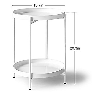 FUNME White Folding End Table 2-Tier Metal Round Side Table with Removable Tray for Living Room,(15.2”Dx20”H)