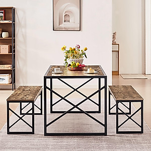 VECELO Kitchen Table with 2 Benches for 6,Wood Dining Room Dinette Sets with Metal Frame for Breakfast Nook and Small Space, 55", Brown