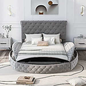 SOFTSEA Upholstered Queen Bed Frame with Storage Space on 3 Sides, Round-Shaped Bed with High Headboard Velvet Platform Bed Frame(Gray, Queen)