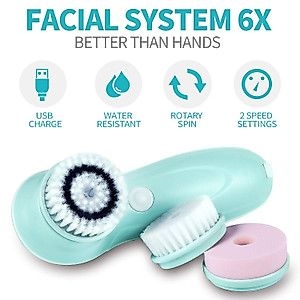 UBBETTER Face Brush Facial Brush Rechargeable Rotating Waterproof Cleansing Brush Set NEW style 2 Speeds With 3 Brush Heads Blackhead Remover Exfoliating Massage