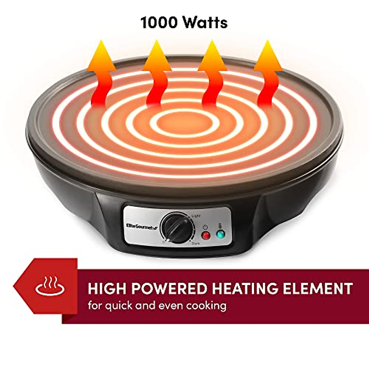 Elite Gourmet ECP-126 Electric Crepe Maker, Pancake, Hot Cakes and Non-stick Griddle with Spreader, Spatula and Recipes, 12", Black