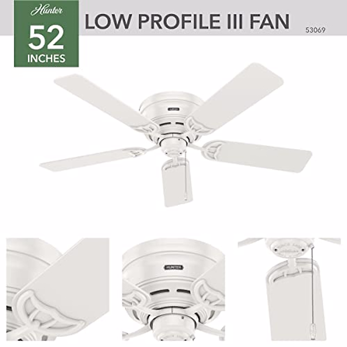 Hunter Fan Company, 53069, 52 inch Low Profile White Low Profile Ceiling Fan and Pull Chain