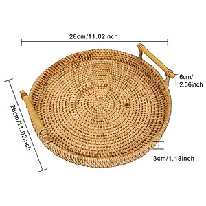 Round Rattan Coffee Table Tray with Handles - Woven Basket Food Decorative Tray ，Handmade Rattan Serving Tray with Handles ，Adorable Natural Bamboo Tray for Ottoman Coffee Table (Large/11 inch)