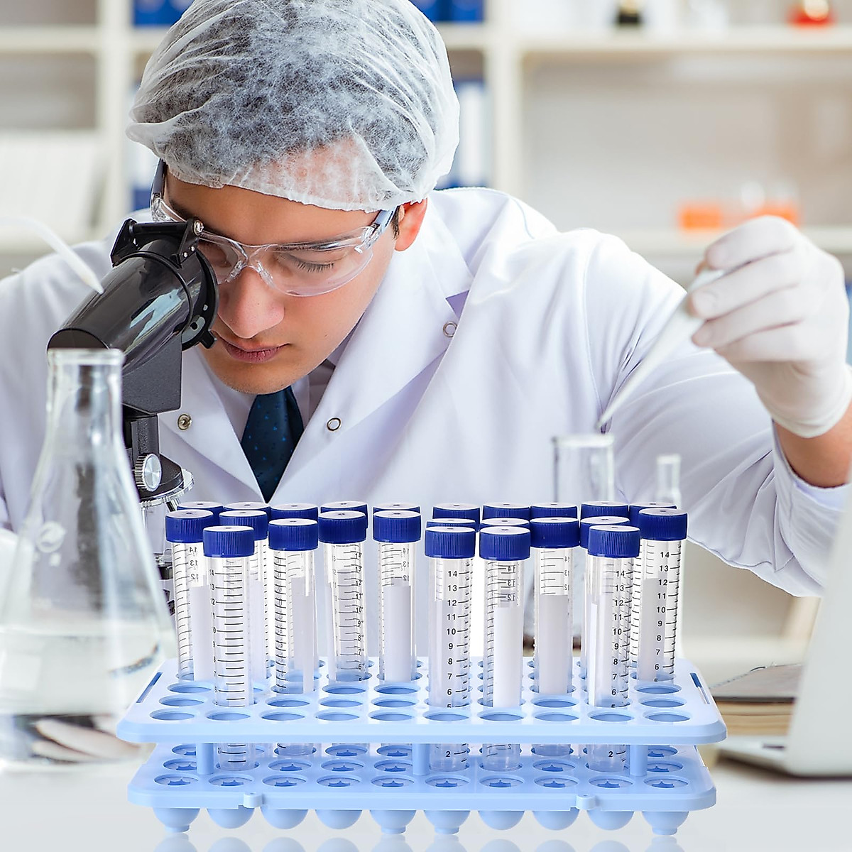 BIGLEE Plastic Test Tube Holder Rack with Silicone Pad for Test Tubes with a Diameter of Less Than 18MM, Detachable,Holes 50 (1 Pack)