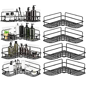 Benzoyl Adhesive Corner Shower Caddy Shelf, No Drilling Rustproof Bathroom Basket with Movable Hooks, Shower Shelf Wall Mounted Organizer for Bathroom, Toilet, Kitchen, Dorm, 8 Pack, Black