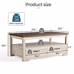 LINSY HOME Living Room Table Sets 4 Piece with TV Stand, Farmhouse TV Stand for 65 Inch TV, Coffee Table with Drawers, Two End Table with Charging Station, Washed Gray