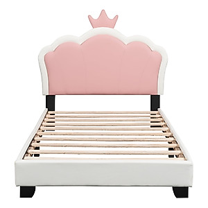 GYYBED Twin Size Upholstered Princess Bed with Crown Headboard,Princess Bed Frame for Girls,Pink Bed Frame cama para niña (Twin)
